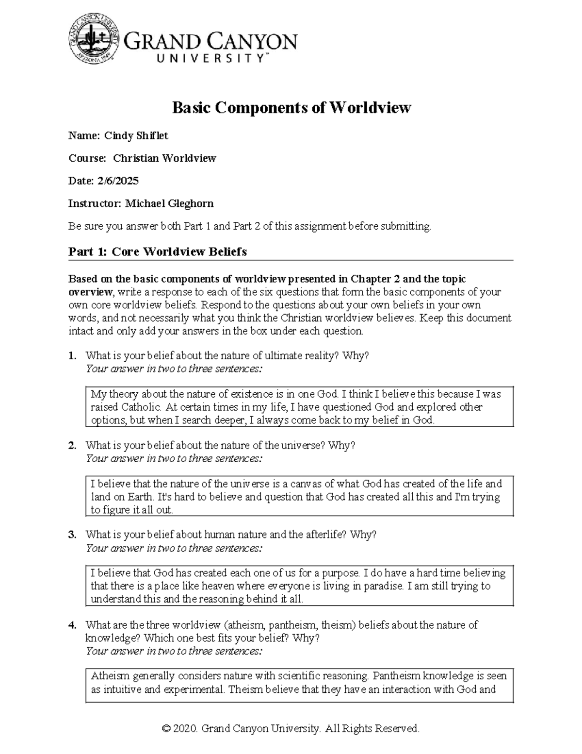 Basic Components of Worldview: Assignment by Cindy Shiflet (CWV) - Studocu