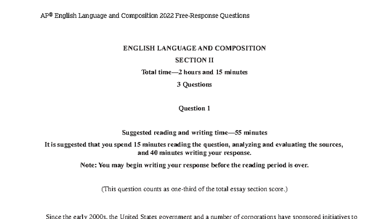 2022 English Language and Composition STEM Synthesis Essay Prompt - Studocu