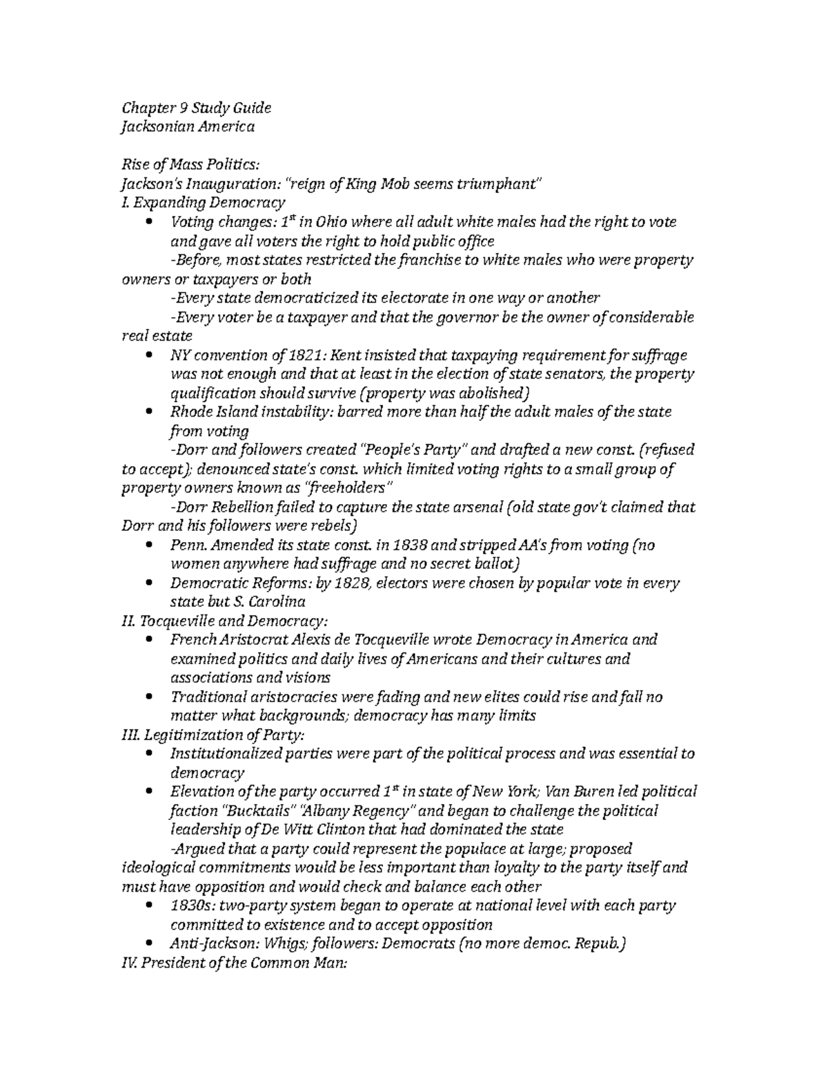 Chapter 9 study guide - Chapter 9 Study Guide Jacksonian America Rise ...