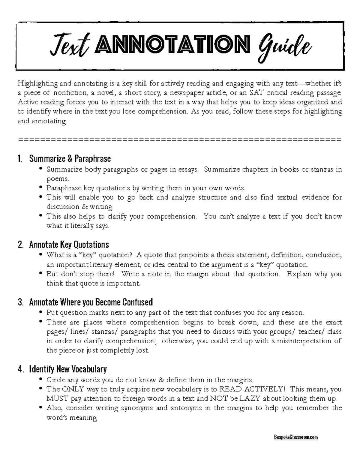 Annotation Packet - BespokeClassroom Text Annotation Guide Highlighting ...