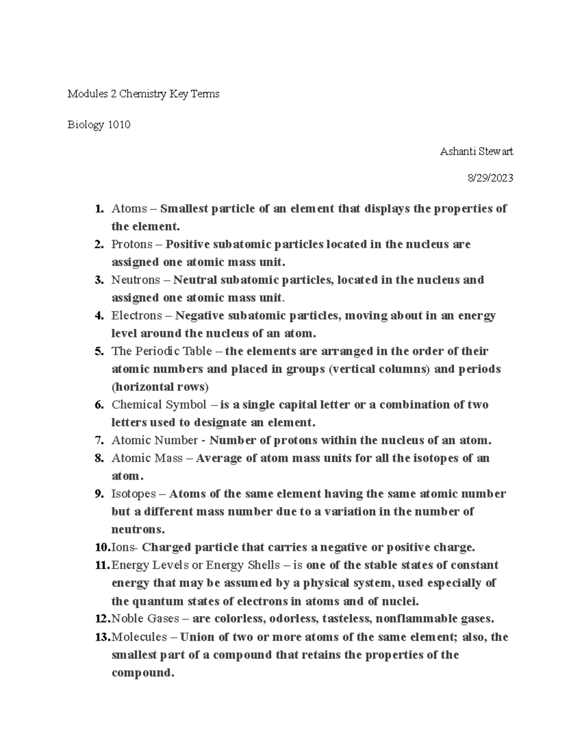 Biology 1010: Module 2 Chemistry Key Terms Definitions - Studocu