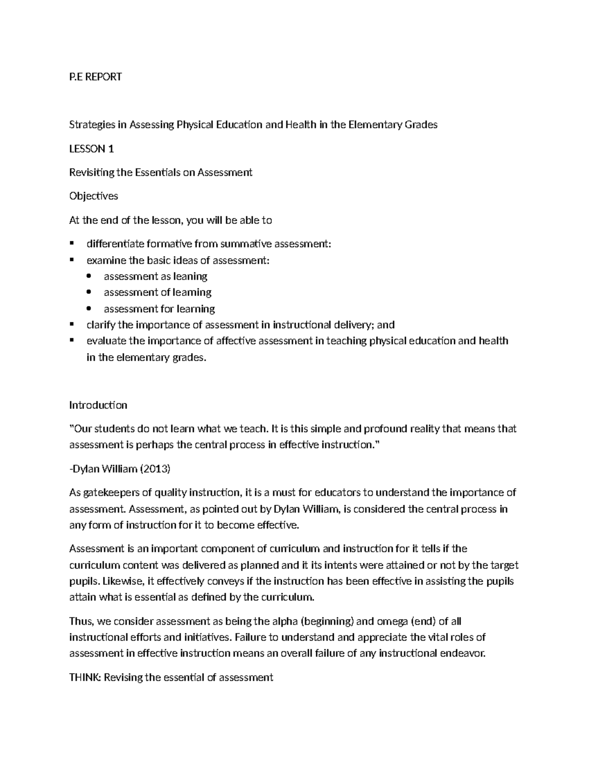P.E. REPORT: Strategies for Assessing Physical Education & Health in ...