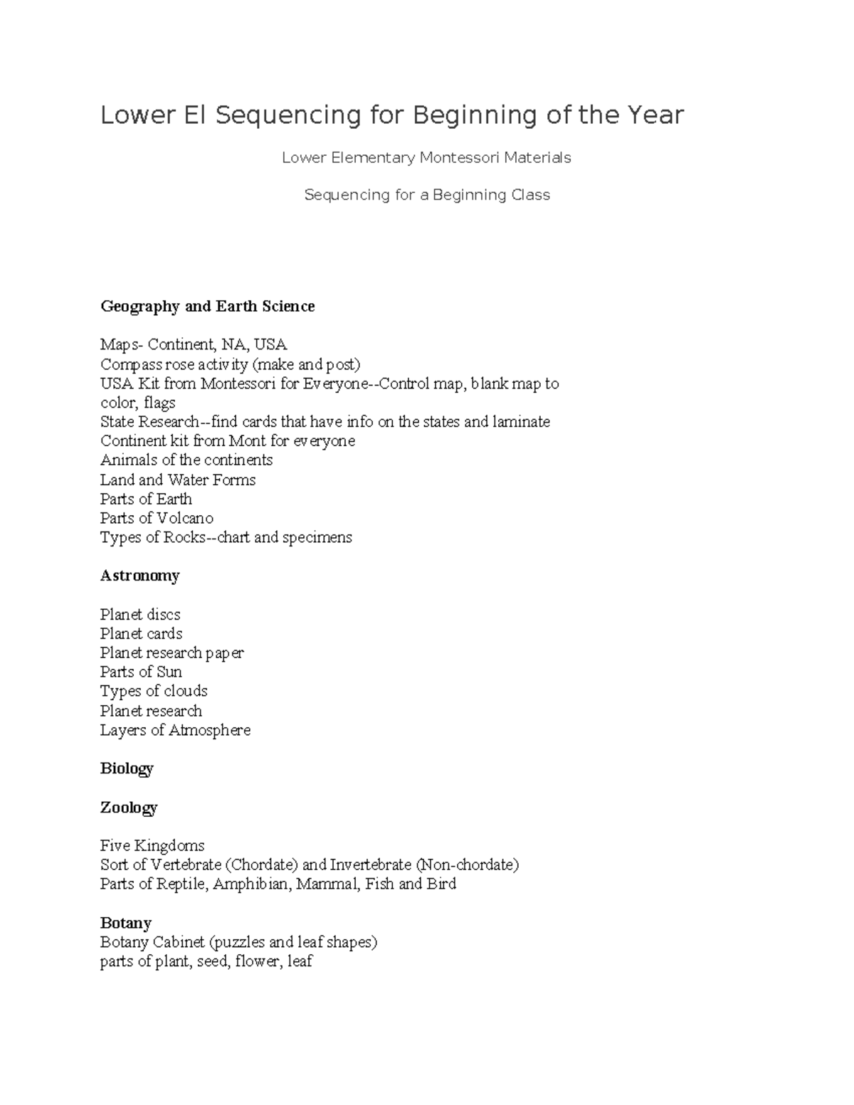 Lower El Sequencing: Montessori Materials for Geography & Science - Studocu