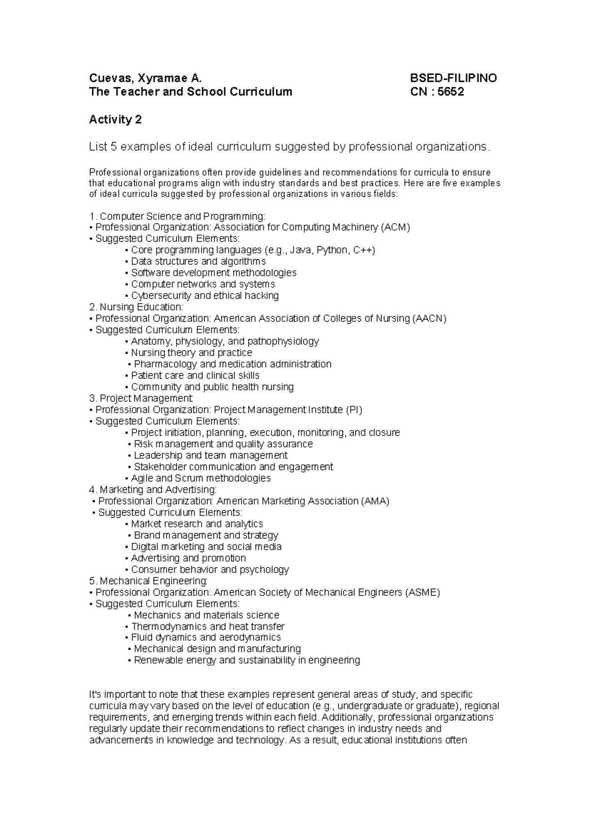 Ideal Curriculum Examples from Professional Organizations - CN 5652 ...