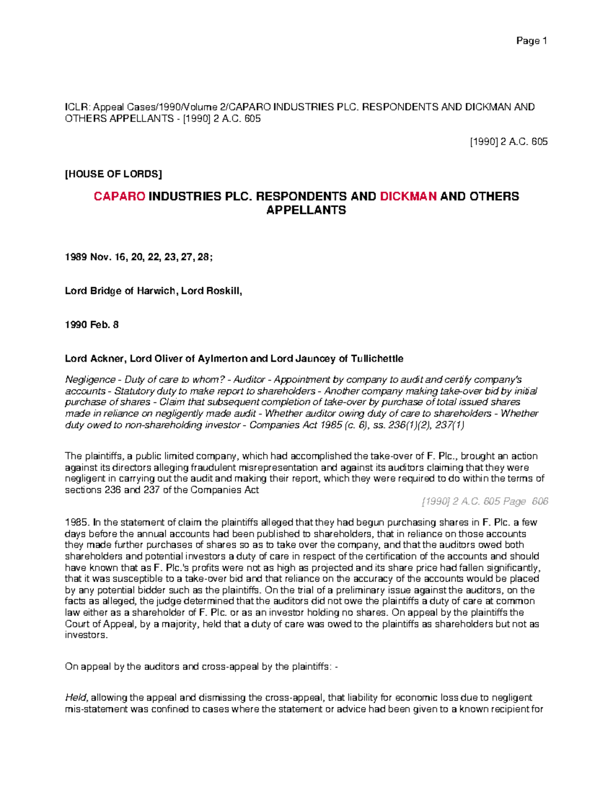 Caparo Industries v Dickman: Appeal on Auditor's Duty of Care [1990 ...