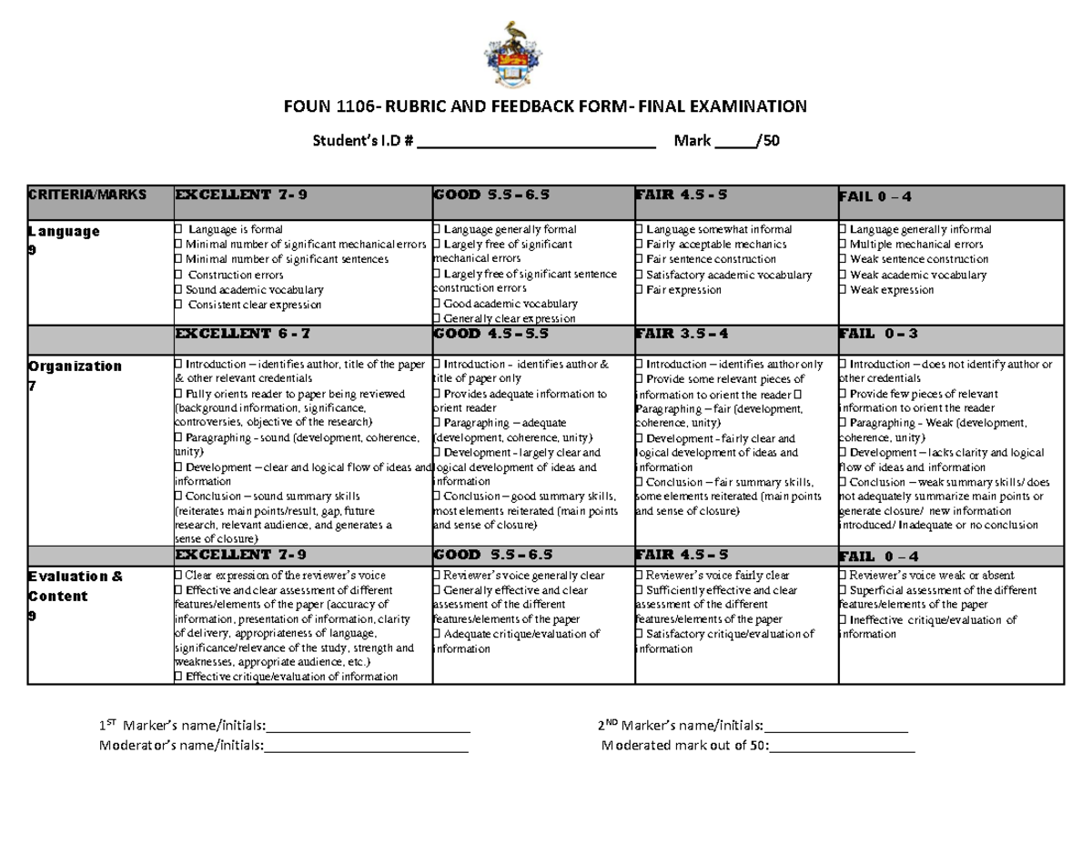 Final EXAM Rubric 9f49b9be9a9a12a7d9110197909 bbe97 - FOUN 1106- RUBRIC ...