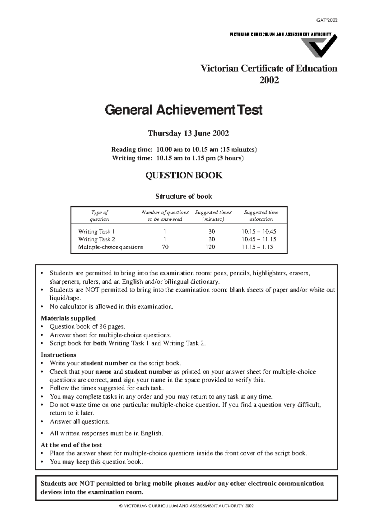 2002 GAT 2002 General Achievement Test Part 1 Overview - Studocu