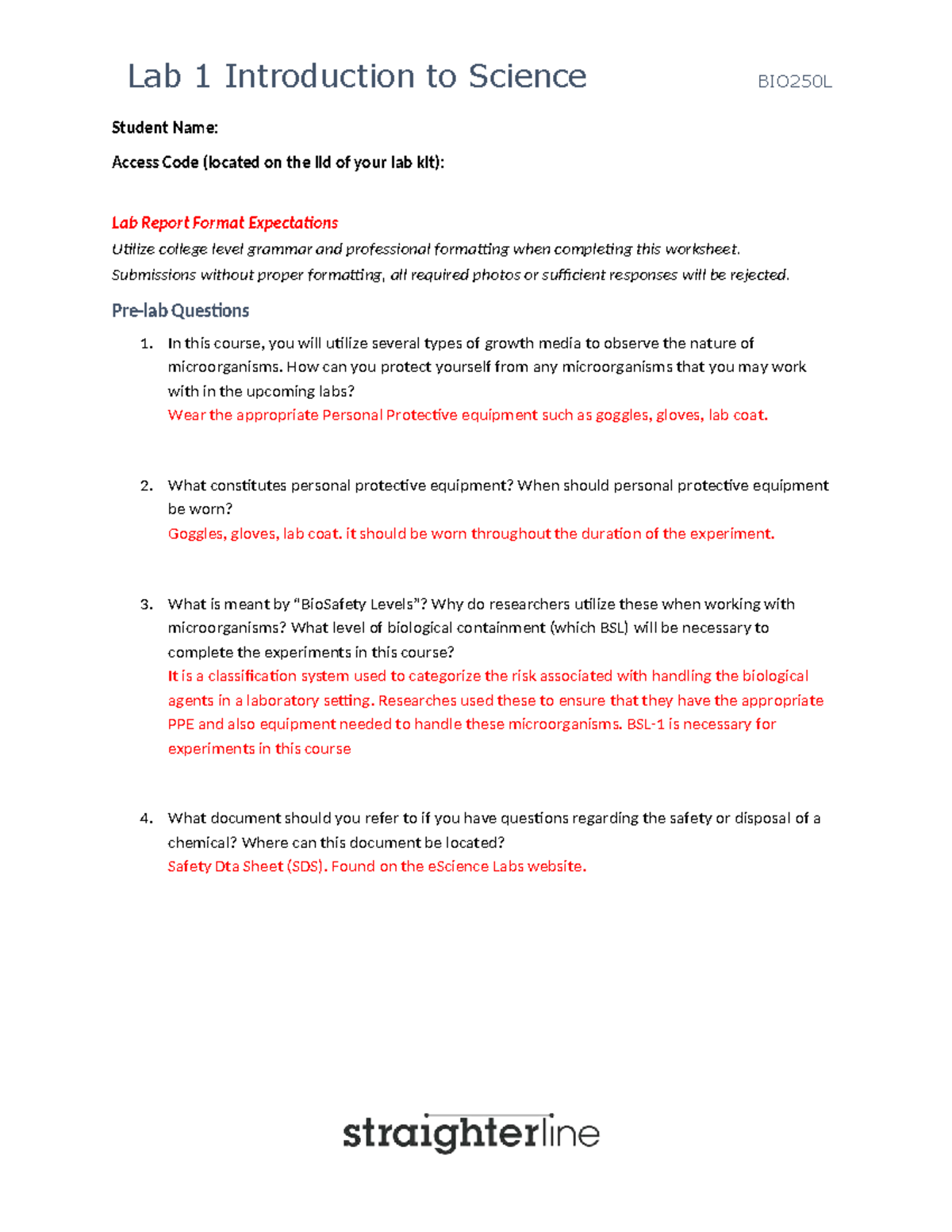 BIO250 Lab 1 - Introduction to Science: Safety & Data Interpretation - Studocu