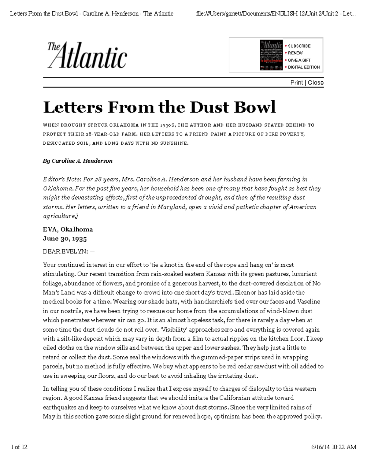 Unit 2 - letters from the dust bowl - • SUBSCRIBE • RENEW • GIVE A GIFT ...