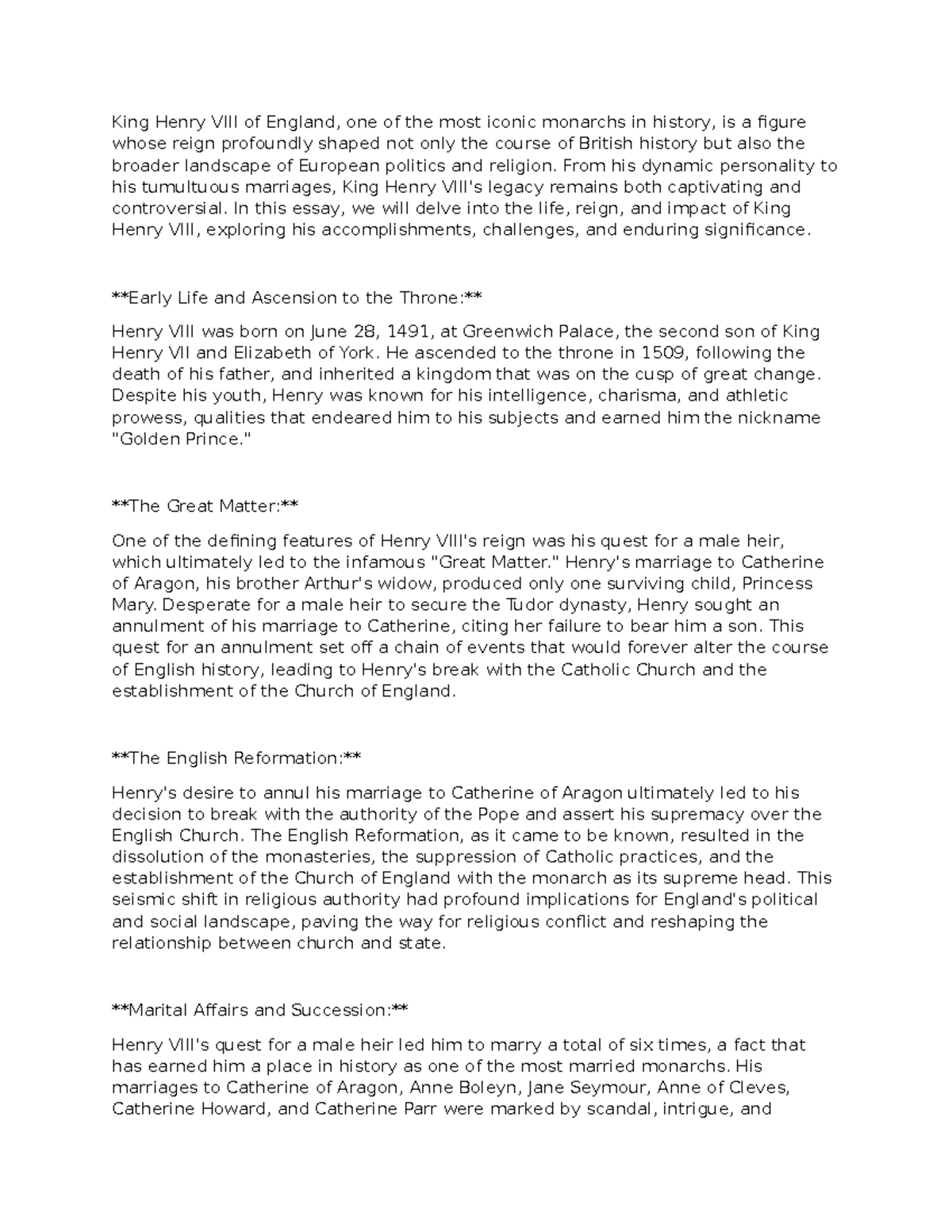 Essay on King Henry VIII: His Life and Impact - Studocu