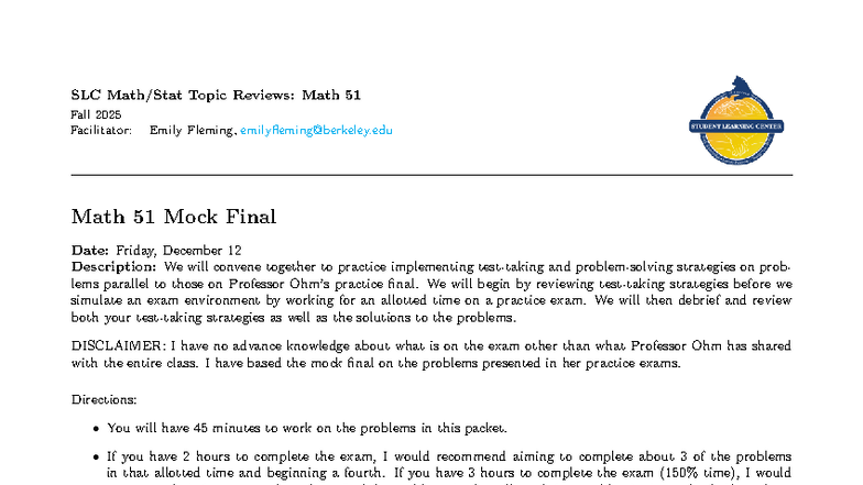 Math 51 Fall 2025 Mock Final Review Notes by Emily Fleming - Studocu