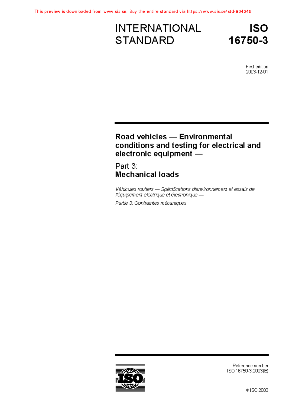 ISO 16750-3:2003 - Testing Mechanical Loads for Road Vehicles - Studocu