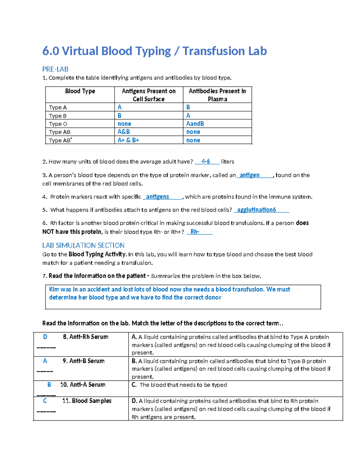 Virtual Blood Typing Lab Simulation: Exploring Blood Types and ...