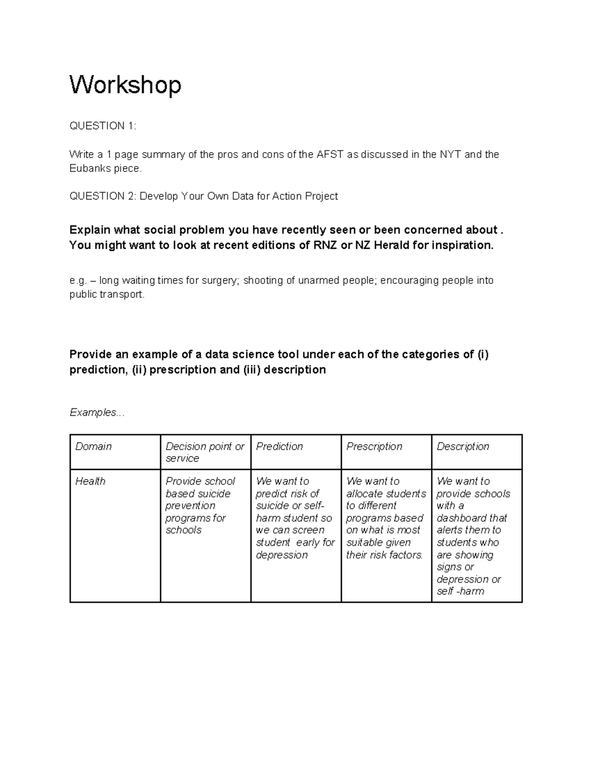 Week 10 Workshop: Data for Action Project Summary and Analysis - Studocu