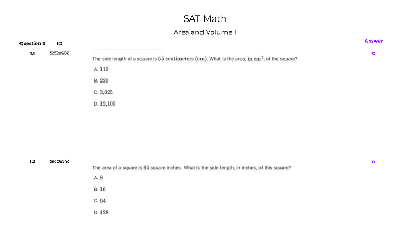 Area and Volume 1~Key - answers - Volume 1 SAT Math m Area and Volume 1 ...