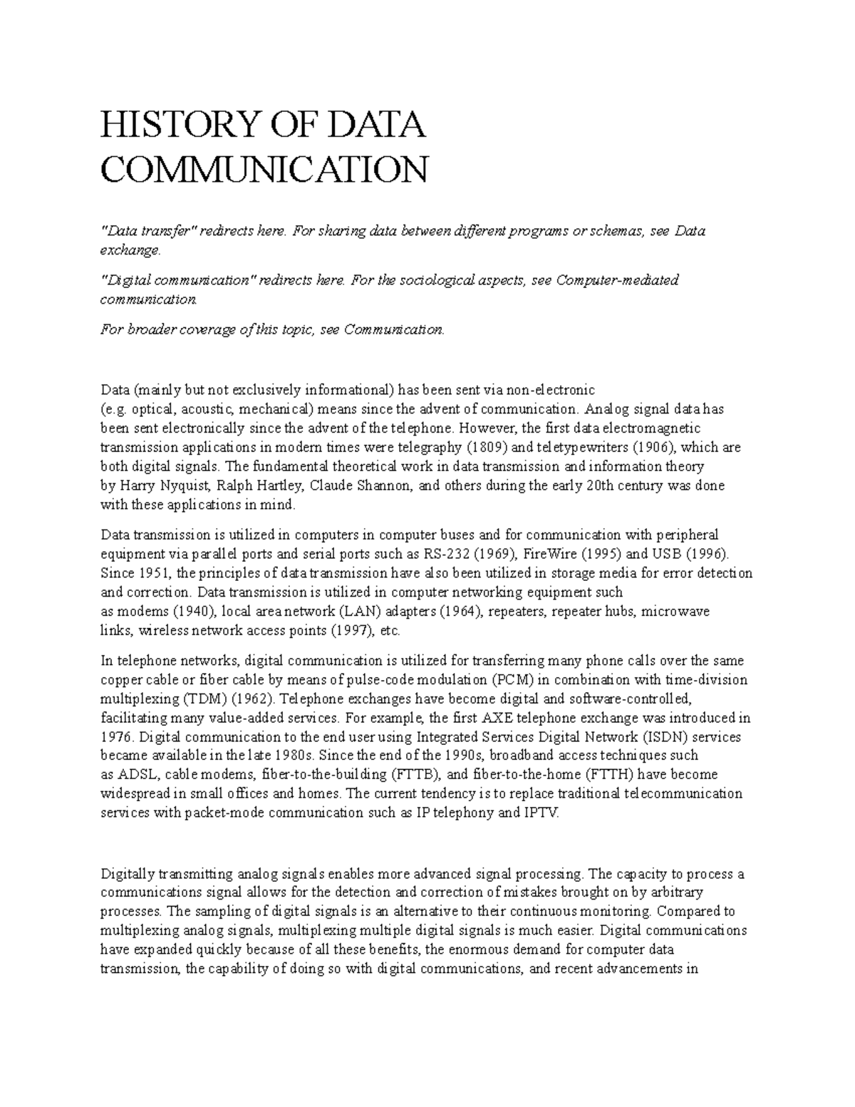 History of Data Communication: From Telegraphy to Digital Networks ...