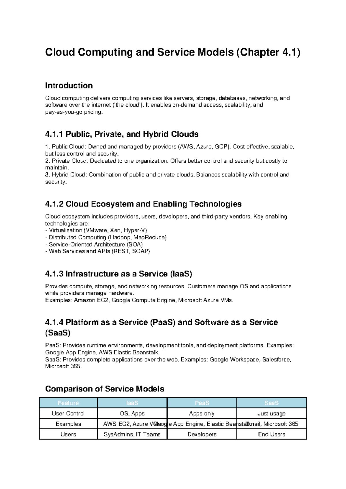 Cloud Computing 4.1 Notes: Service Models Overview - Studocu