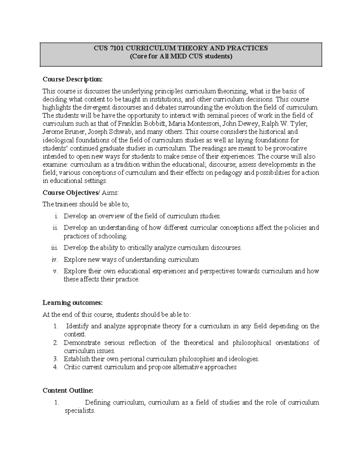CUS 7101 Curriculum Theory & Practices: Core Concepts & Debates - Studocu