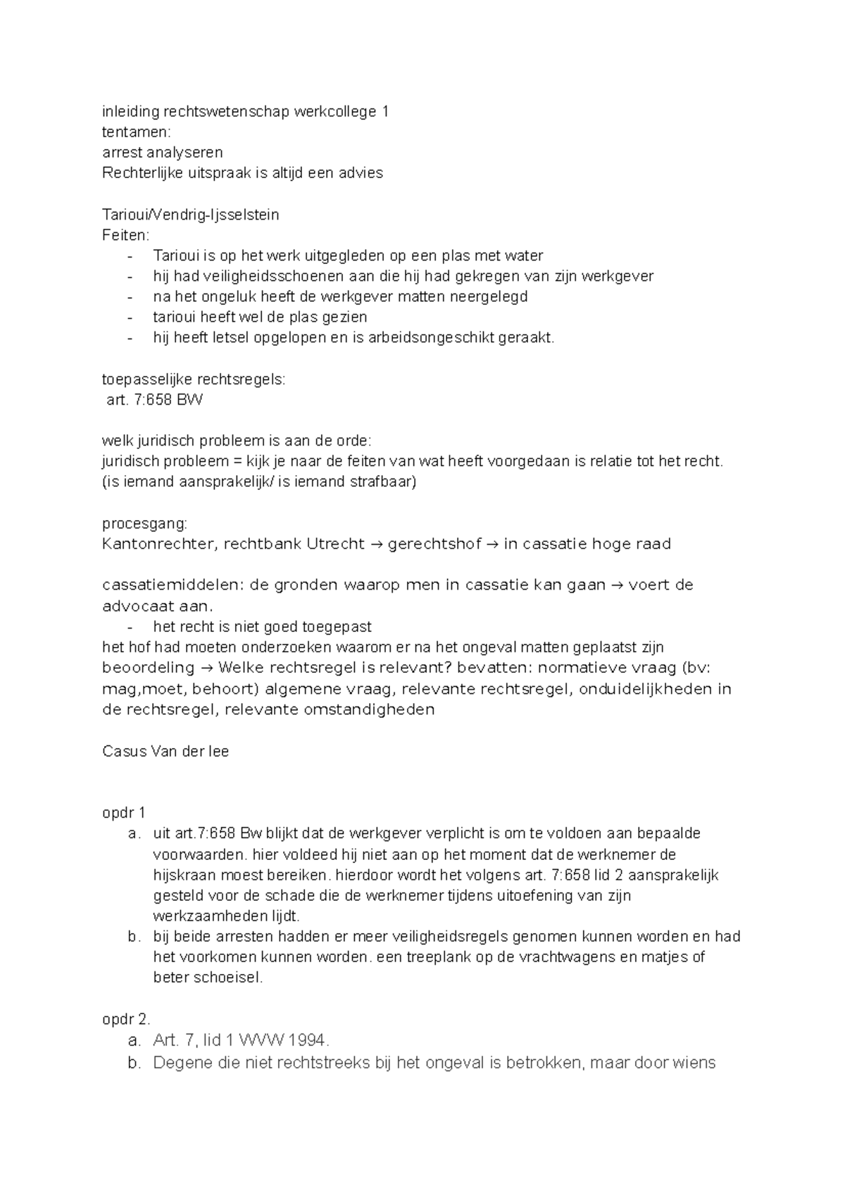 Inleiding Rechtswetenschap Werkcollege 1: Tentamen Analyse en Aansprakelijkheid - Studeersnel