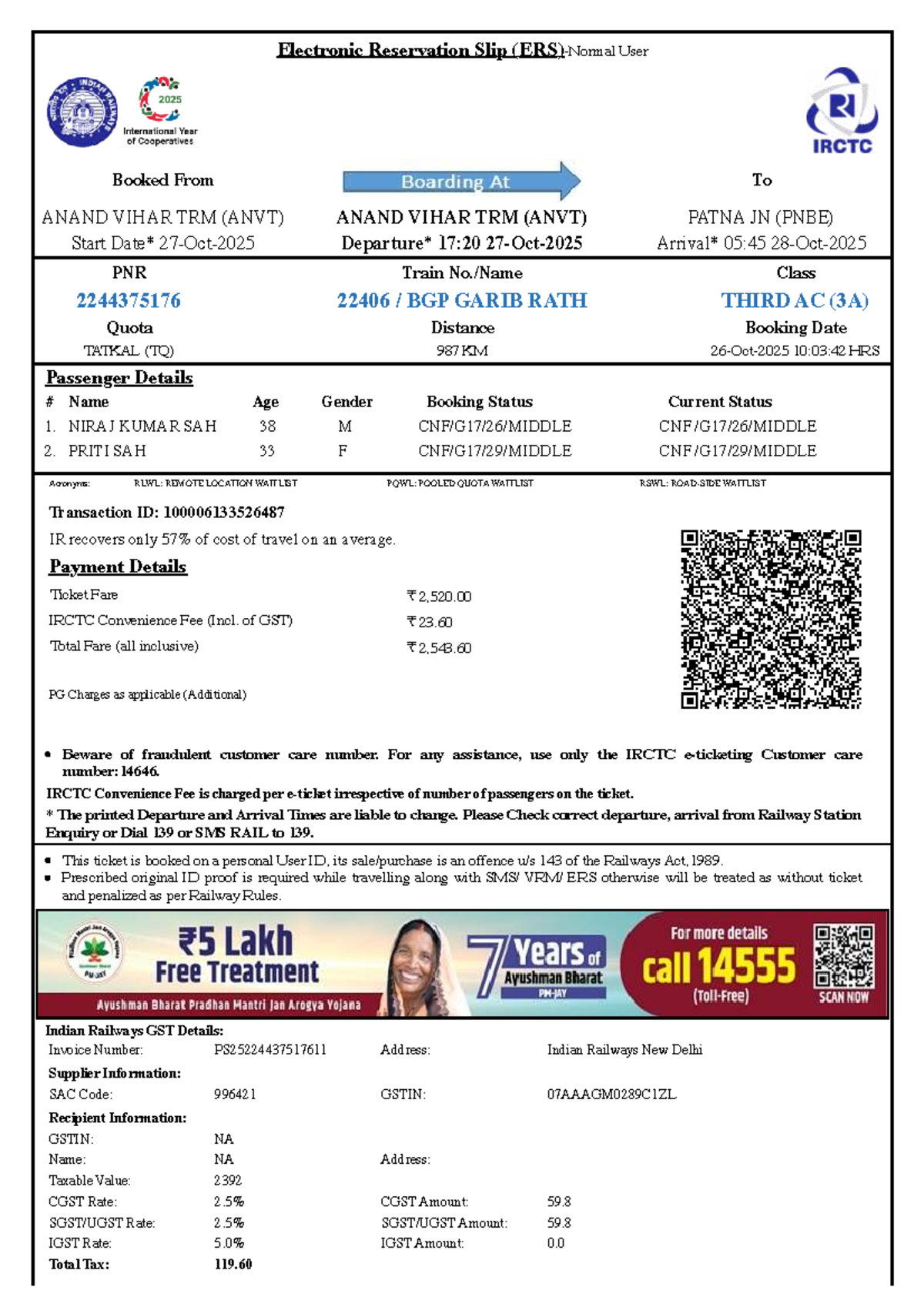ANVT-PNBE Electronic Reservation Slip Details - Studocu