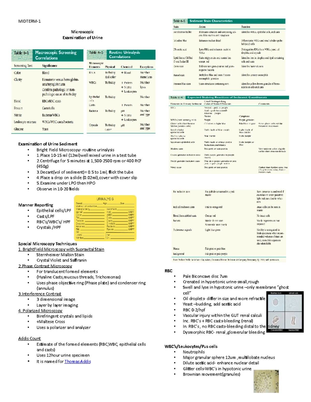 Midterm 7 AUBF - Reviewer - MIDTERM- Microscopic Examination of Urine ...