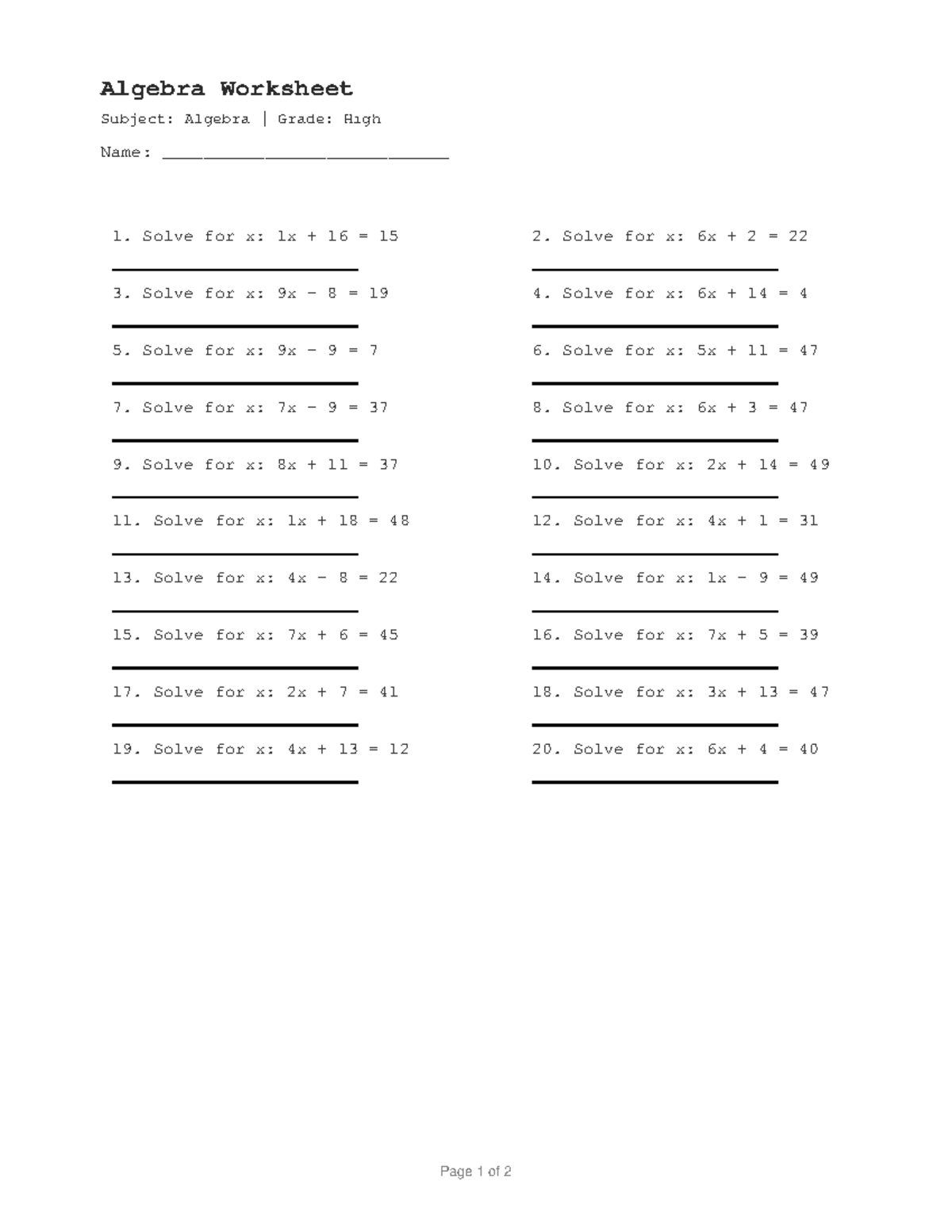 Algebra Worksheet - Grade High (Algebra 8) - Studocu