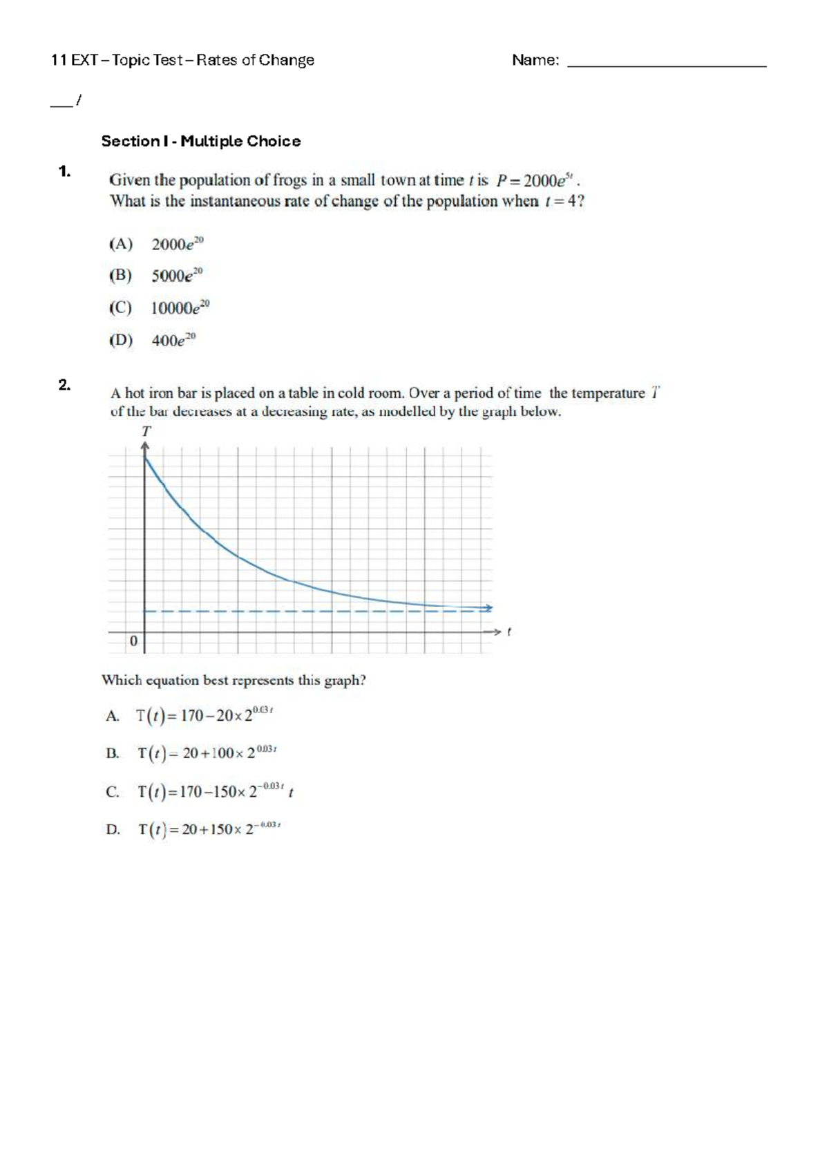 Related Rates Topic Test - 11 EXT – Topic Test – Rates of Change Name