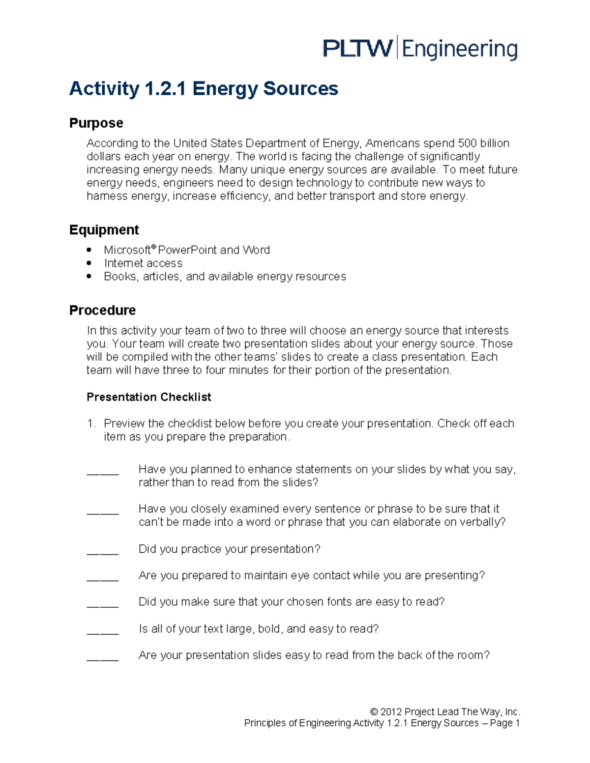 Principles of Engineering Activity 1.2.1: Exploring Energy Sources ...