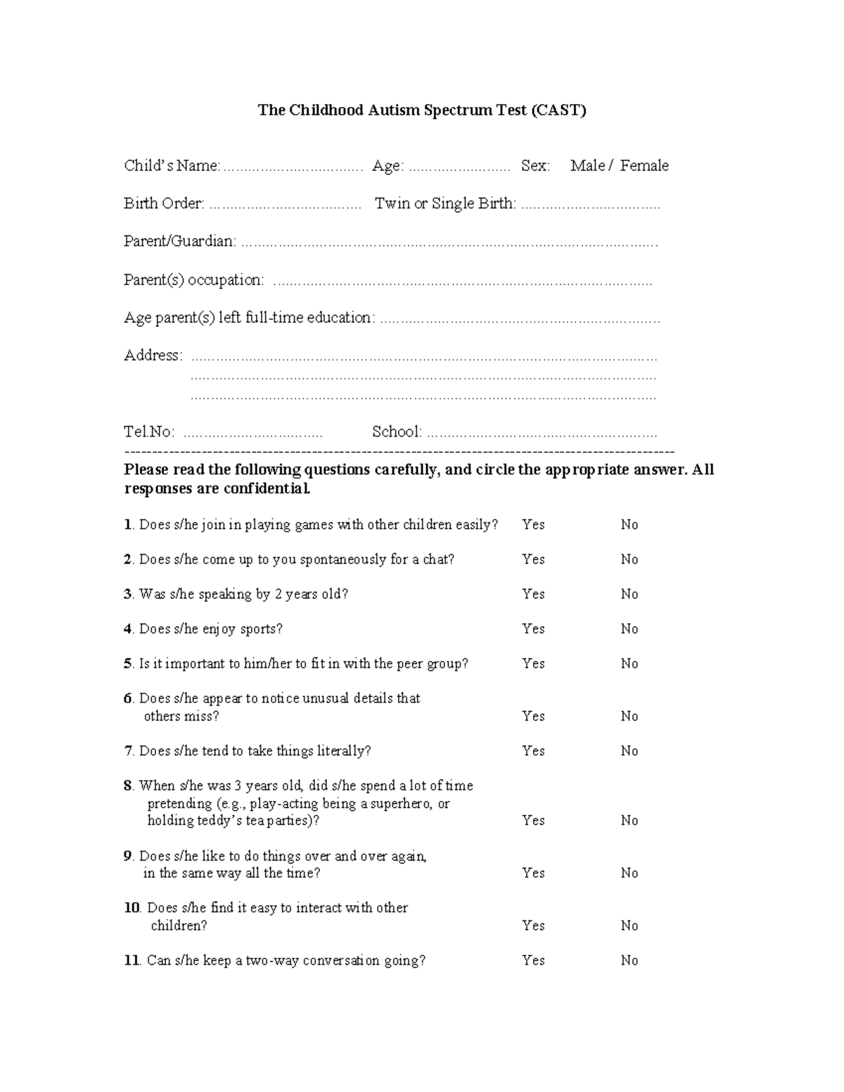 CAST Test: Childhood Autism Spectrum Assessment Questionnaire - Studocu