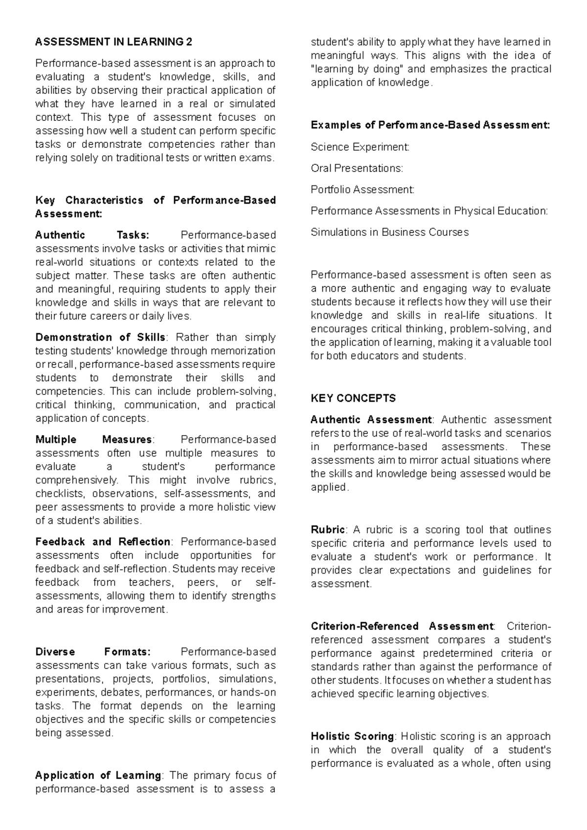 Performance-Based Assessment in Learning 2: Key Concepts and ...