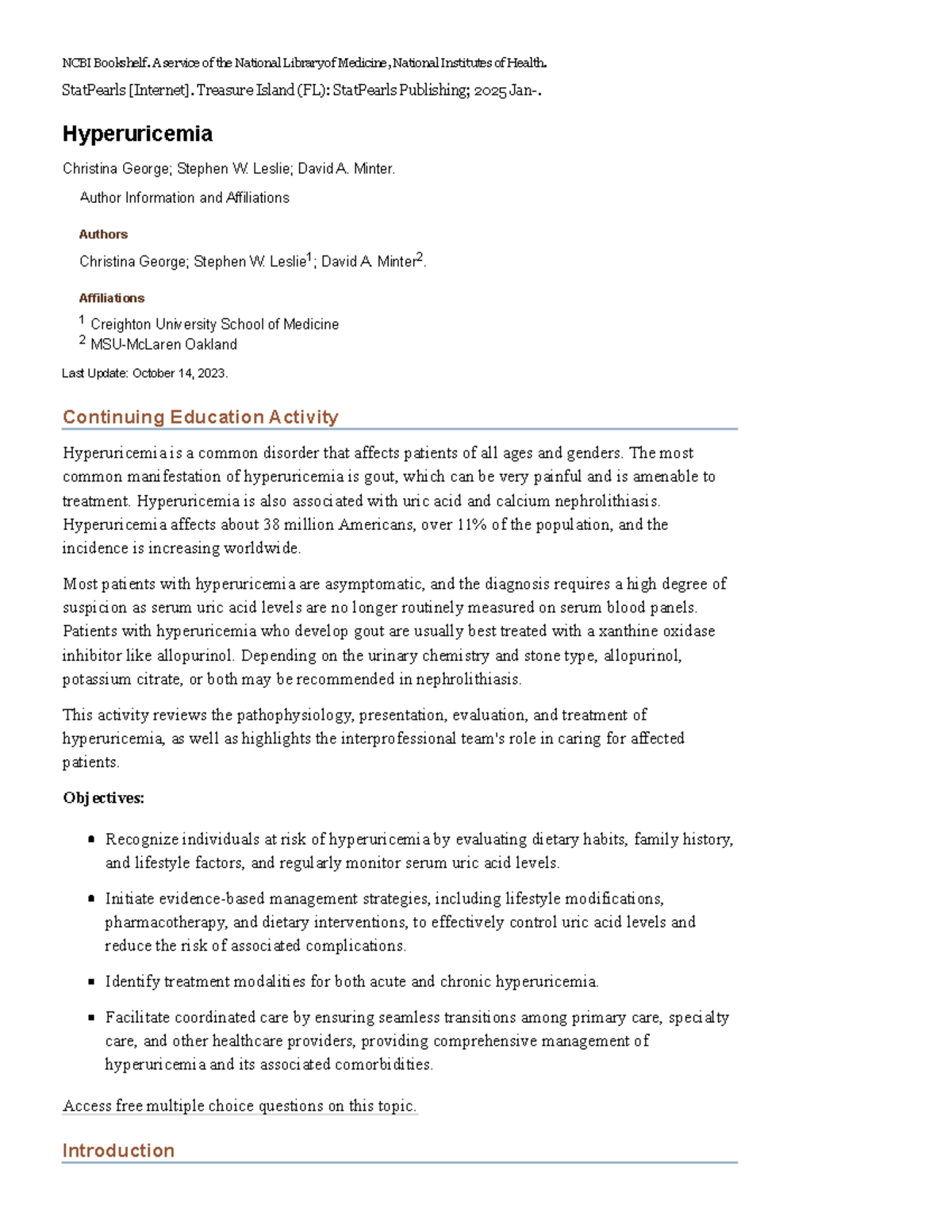 StatPearls NCBI Hyperuricemia Overview and Management Guide - Studocu