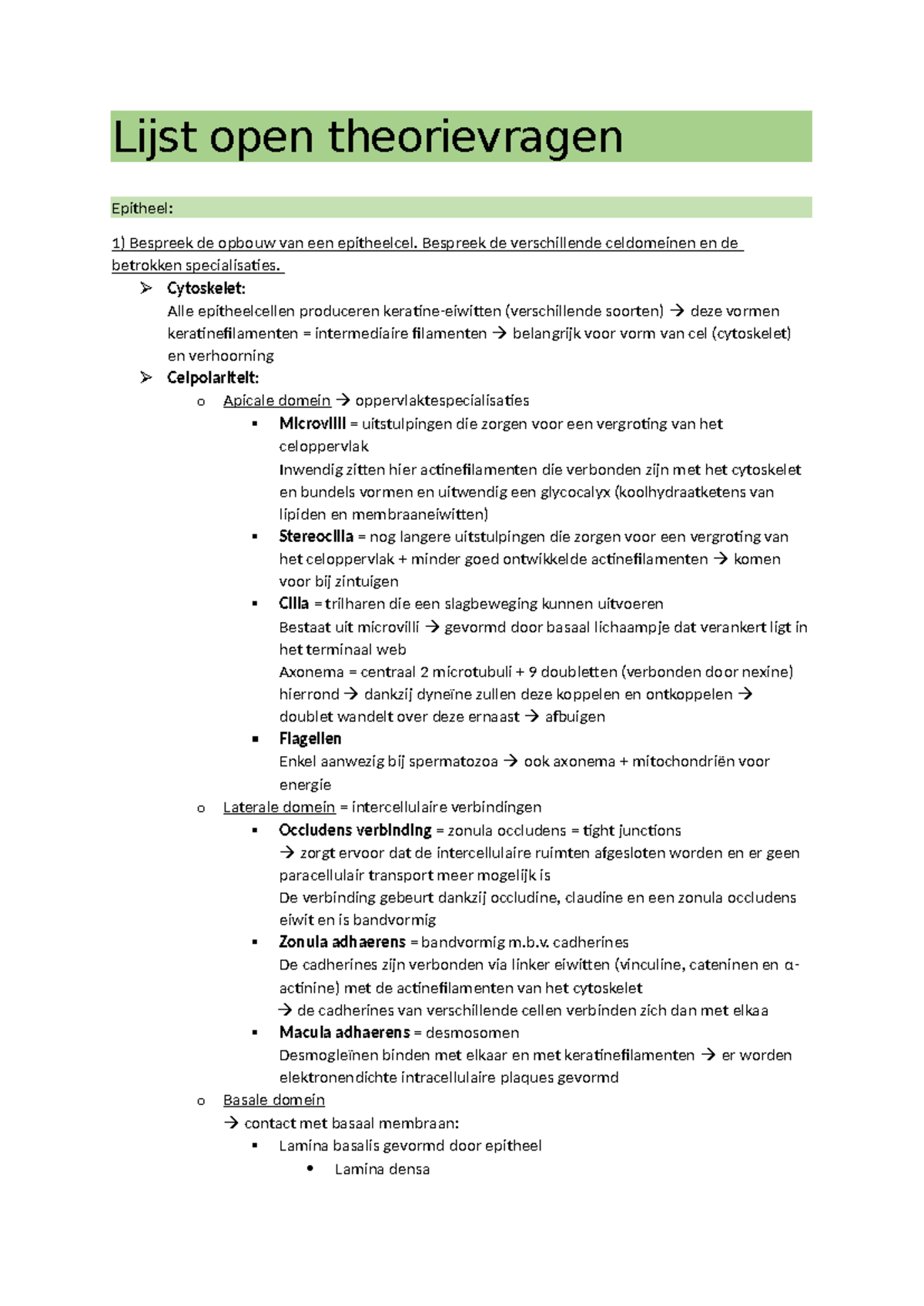 Lijst Open Theorievragen Epitheel en Weefsels: Anatomie en Fysiologie ...