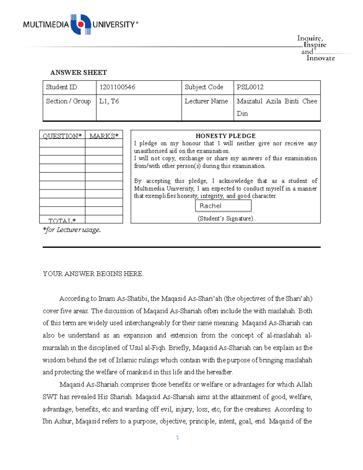PSL0012 Final Exam Answer Sheet on Maqasid in Islamic Law - Studocu