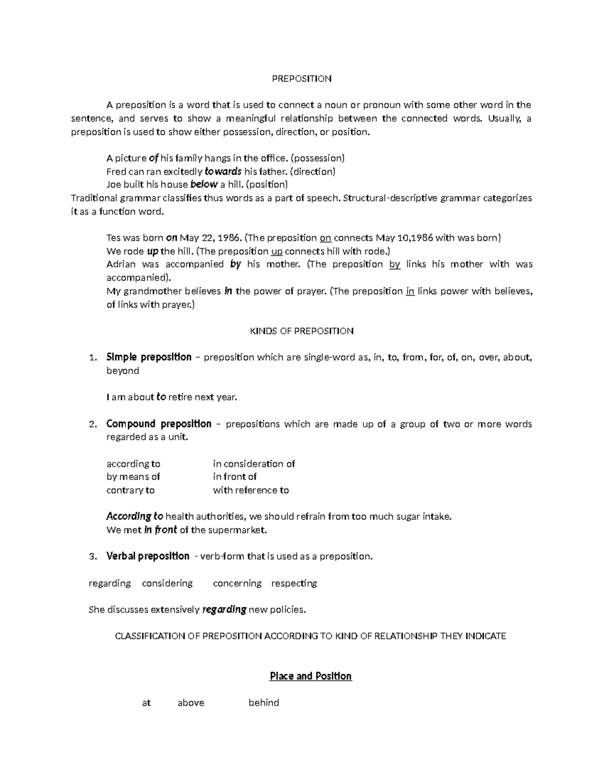 Preposition - Usually, a preposition is used to show either possession ...