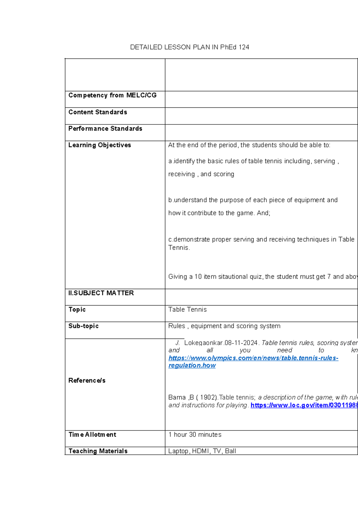 Detailed Lesson Plan: Table Tennis Rules & Techniques in PhEd 124 - Studocu