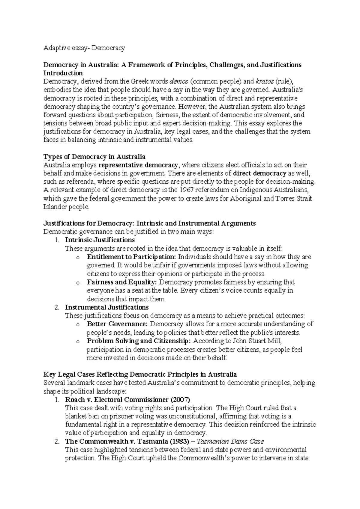 Adaptive Essay: Democracy in Australia - Principles & Challenges - Studocu