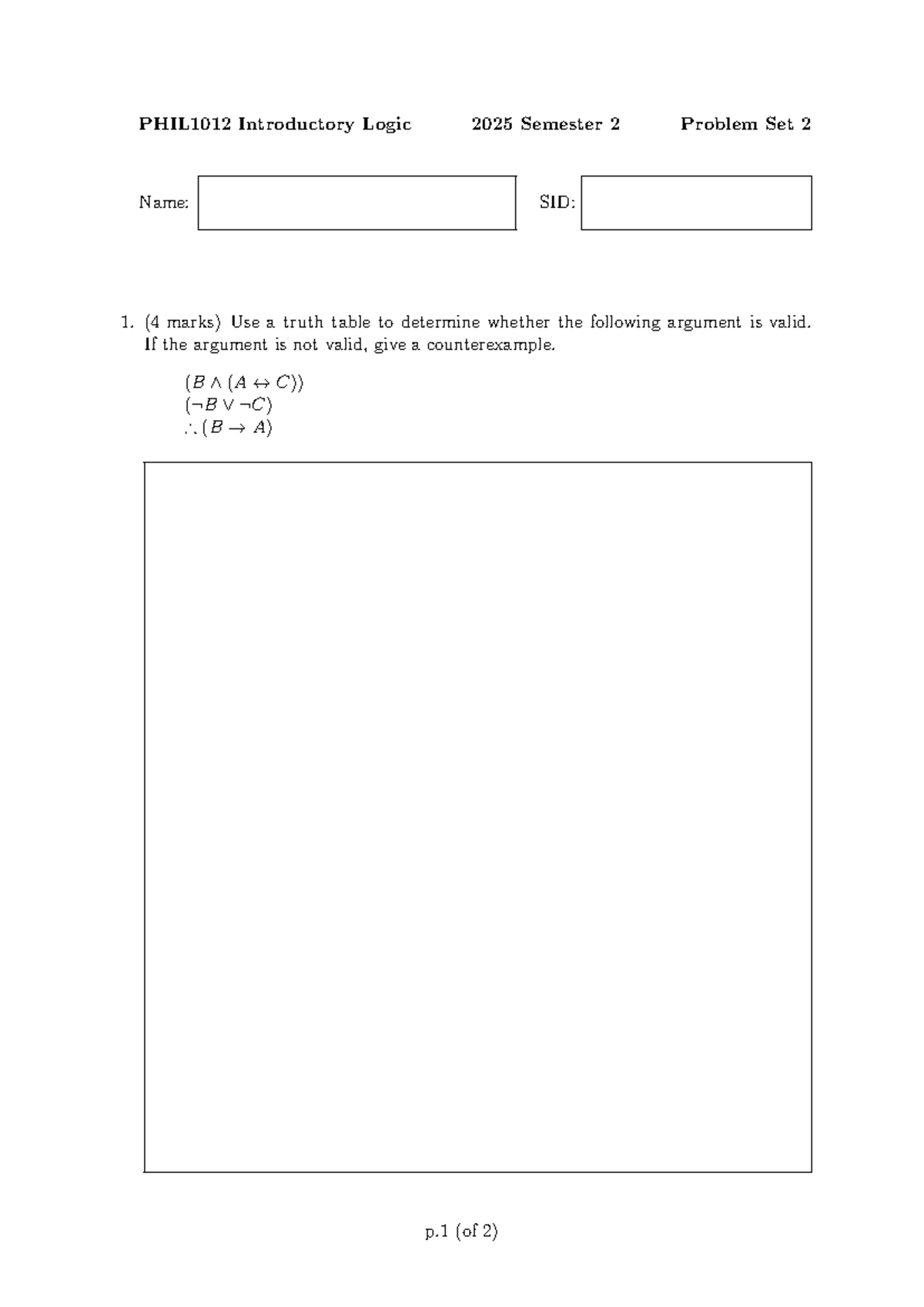 PHIL1012 Introductory Logic 2025 Sem 2 Problem Set 2 - Studocu