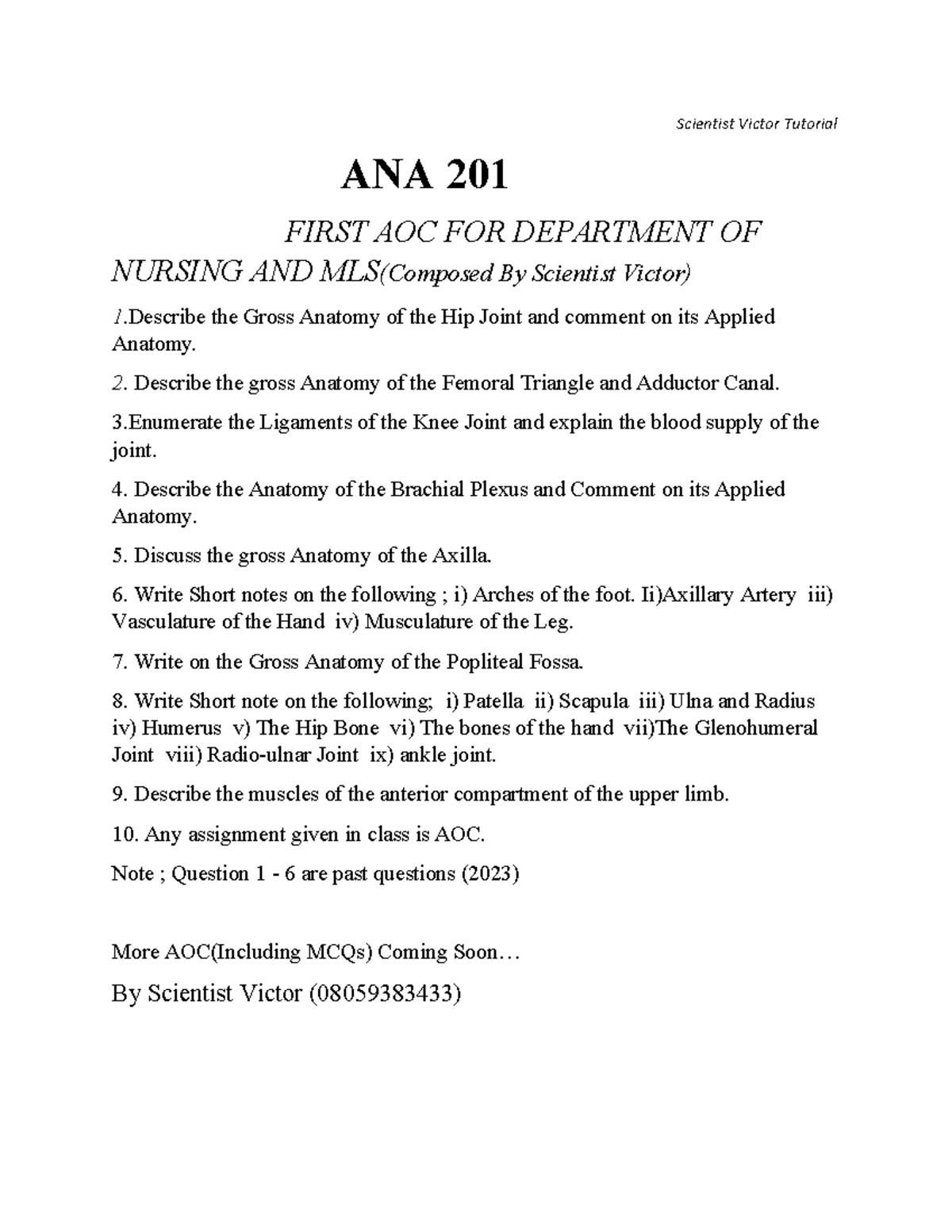 ANA 201 Nursing & MLS AOC: Anatomy of Joints & Muscular Systems - Studocu
