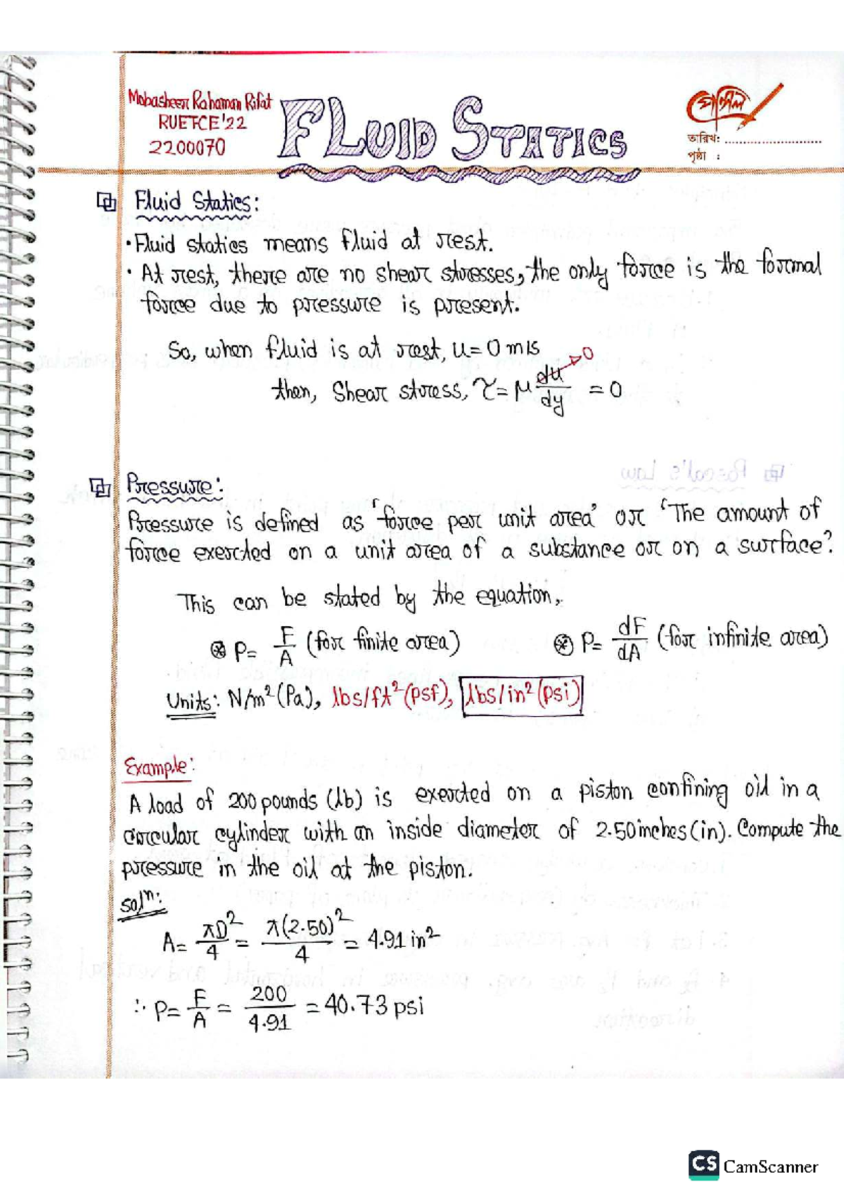 Fluid Statics Overview: Concepts and Calculations (RUETCE 1) - Studocu