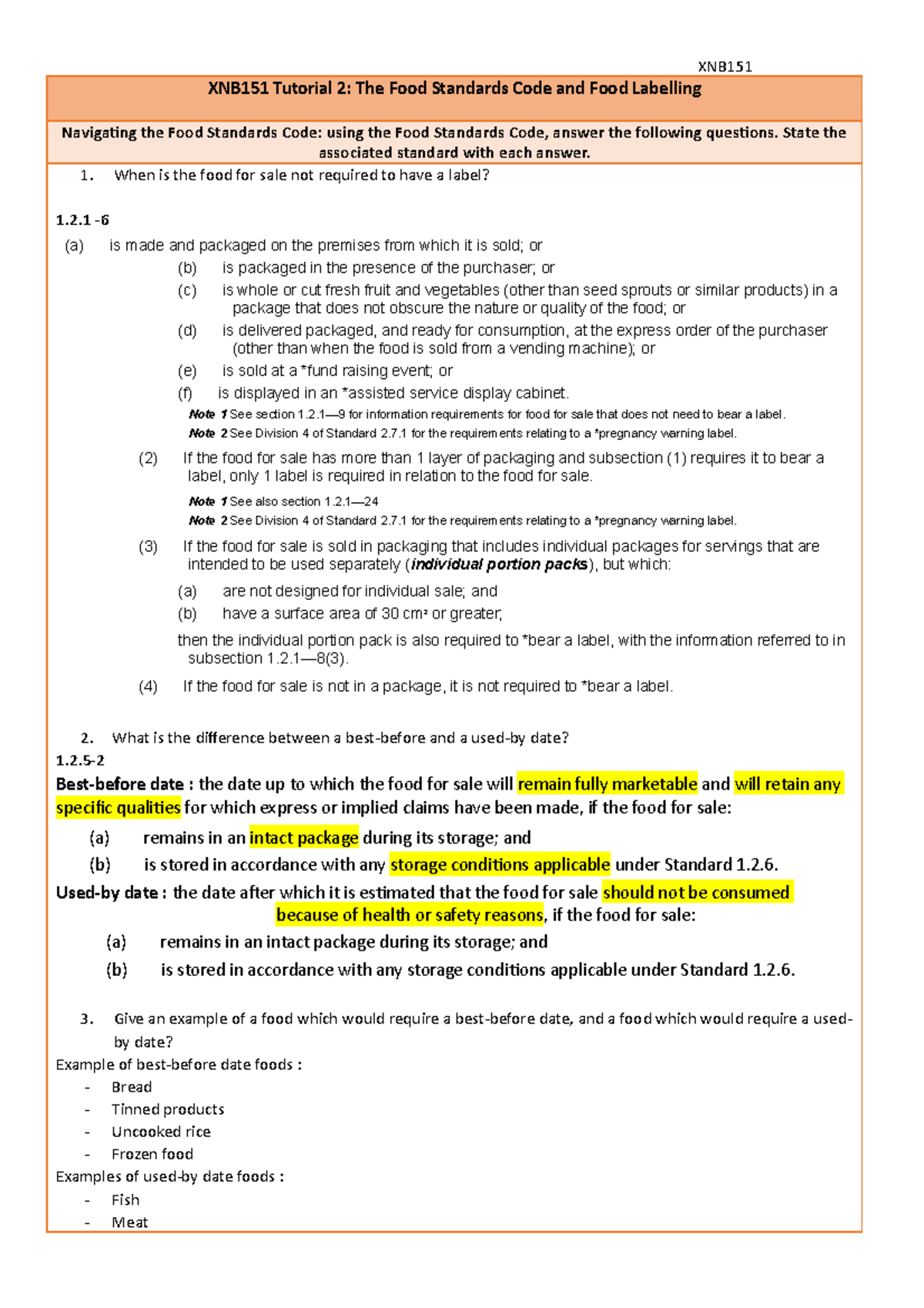 Tutorial 2 Showing Codes - Food Labelling worksheet - XNB151 Tutorial 2 ...