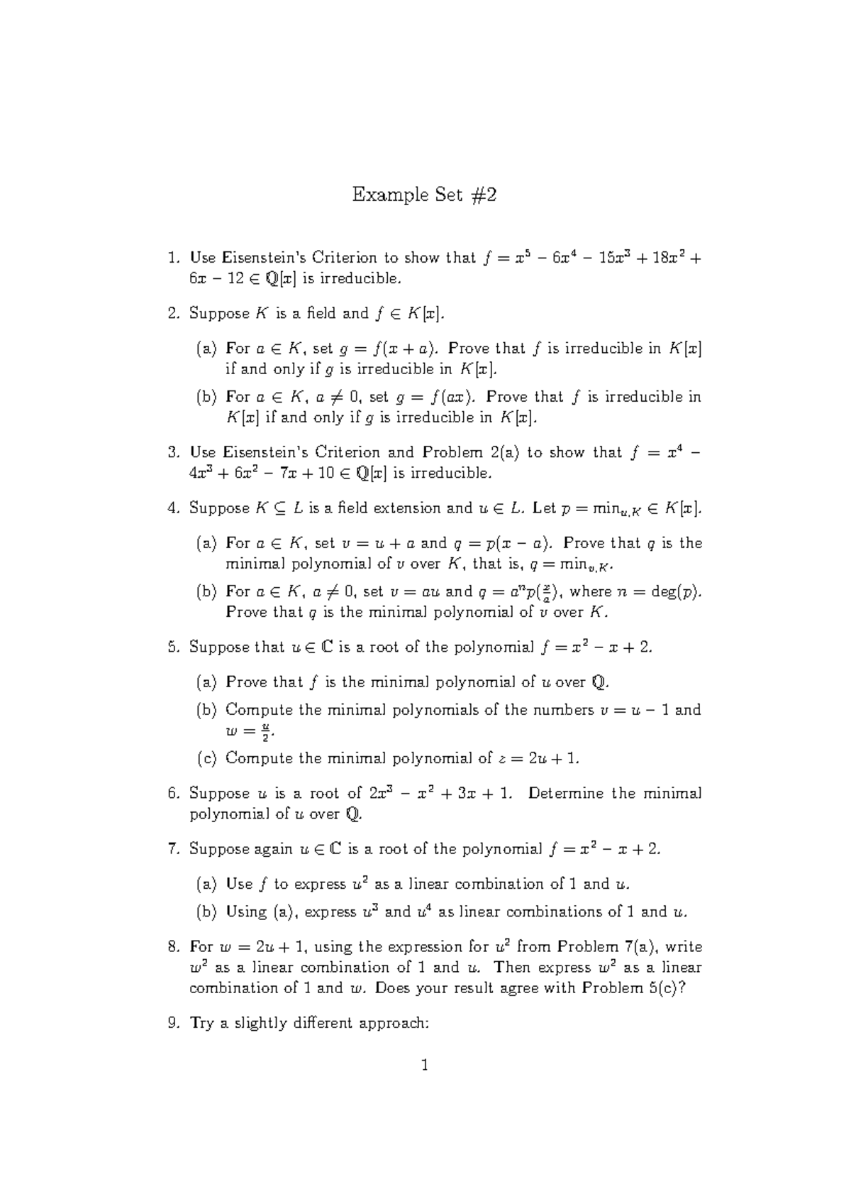 Example Sheet 02 - Example Set Use Eisenstein’s Criterion to show thatf ...