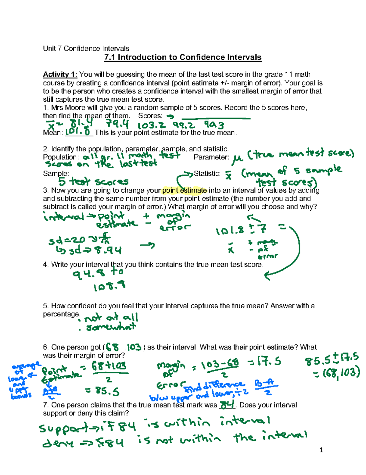 Unit 7 Confidence Intervals w Frappy 4 - 1 Unit 7 Confidence Intervals ...