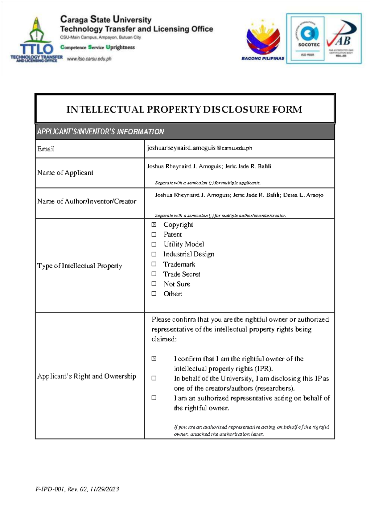 INTELLECTUAL PROPERTY DISCLOSURE FORM: SMART LOAD TRACKING SYSTEM - Studocu
