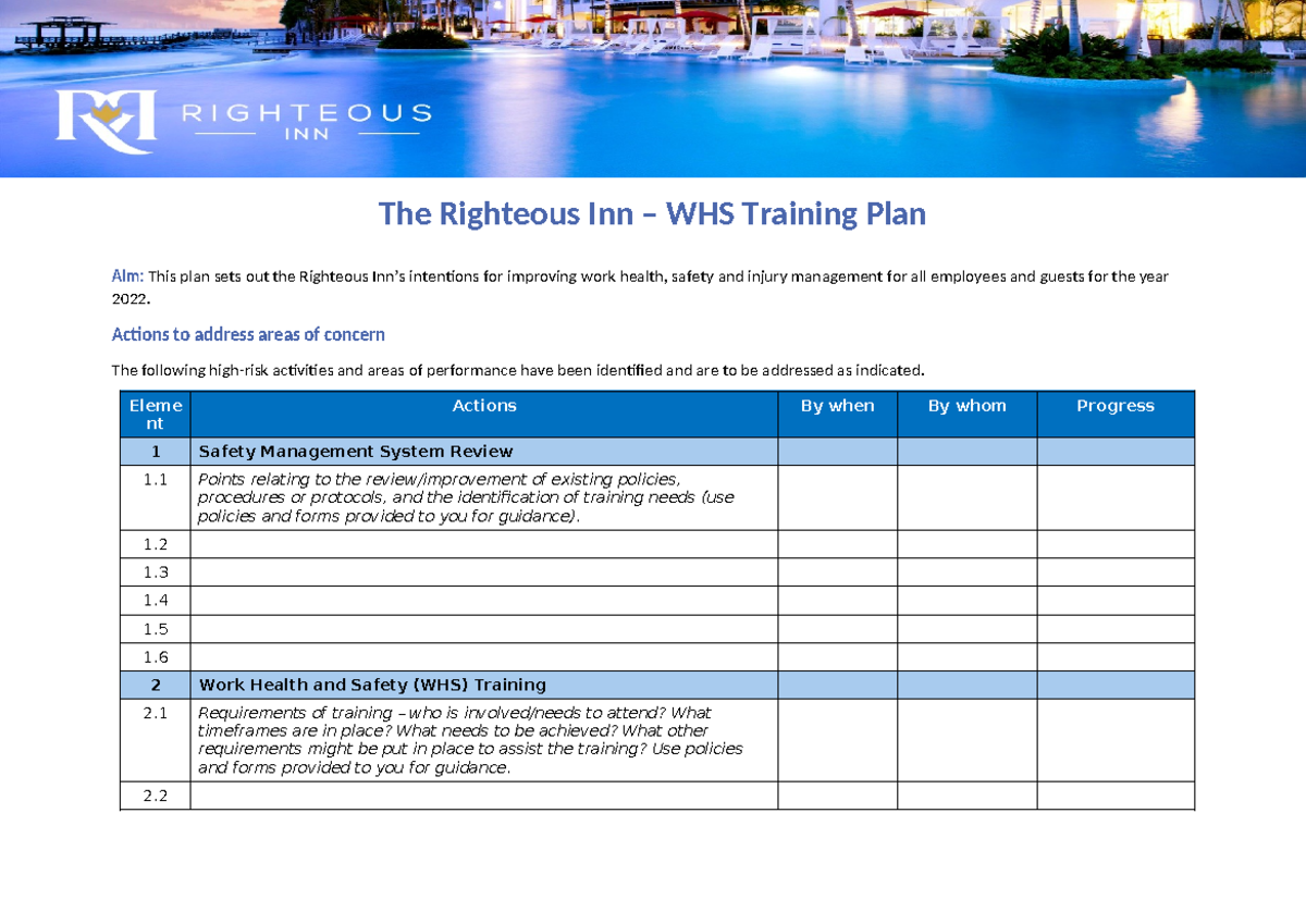 WHS Training Plan for Righteous Inn - 2022 Compliance and Strategies ...