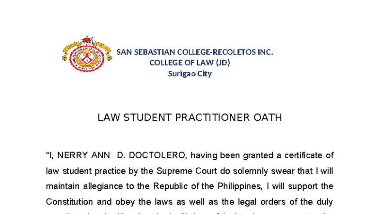 JD Oath of Law Student Practitioner - Nerry Ann D. Doctolero - Studocu