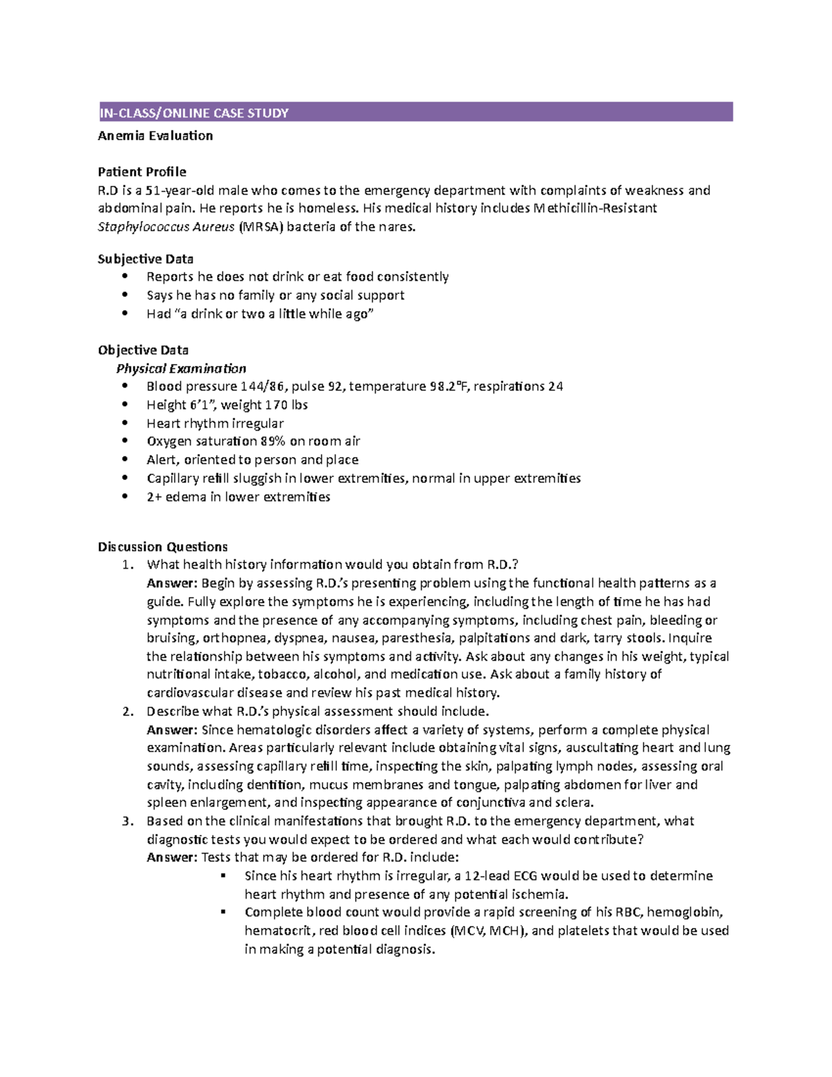 Anemia Case Study Answers - IN-CLASS/ONLINE CASE STUDY Anemia ...