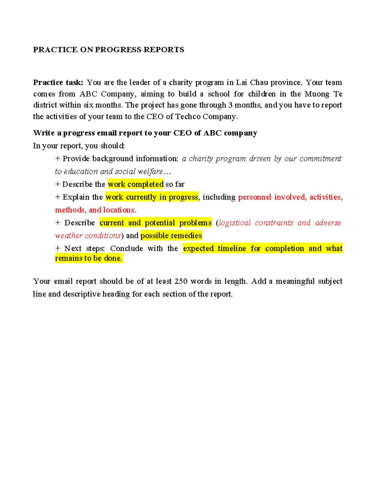 Progress Report on Charity School Project - ESP121 - Studocu