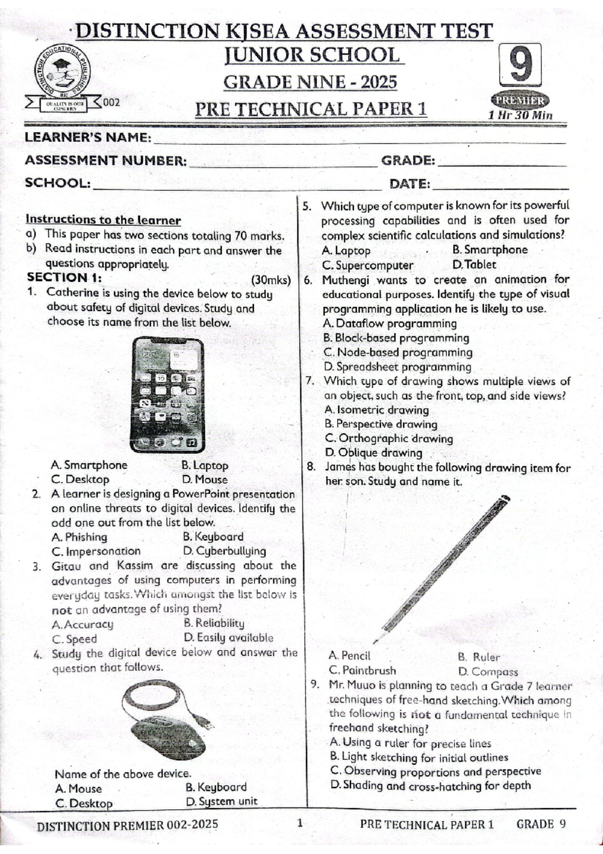 DISTINCTION PRE TECHNICAL PAPER 1 GRADE 9 ASSESSMENT 2025 - Studocu