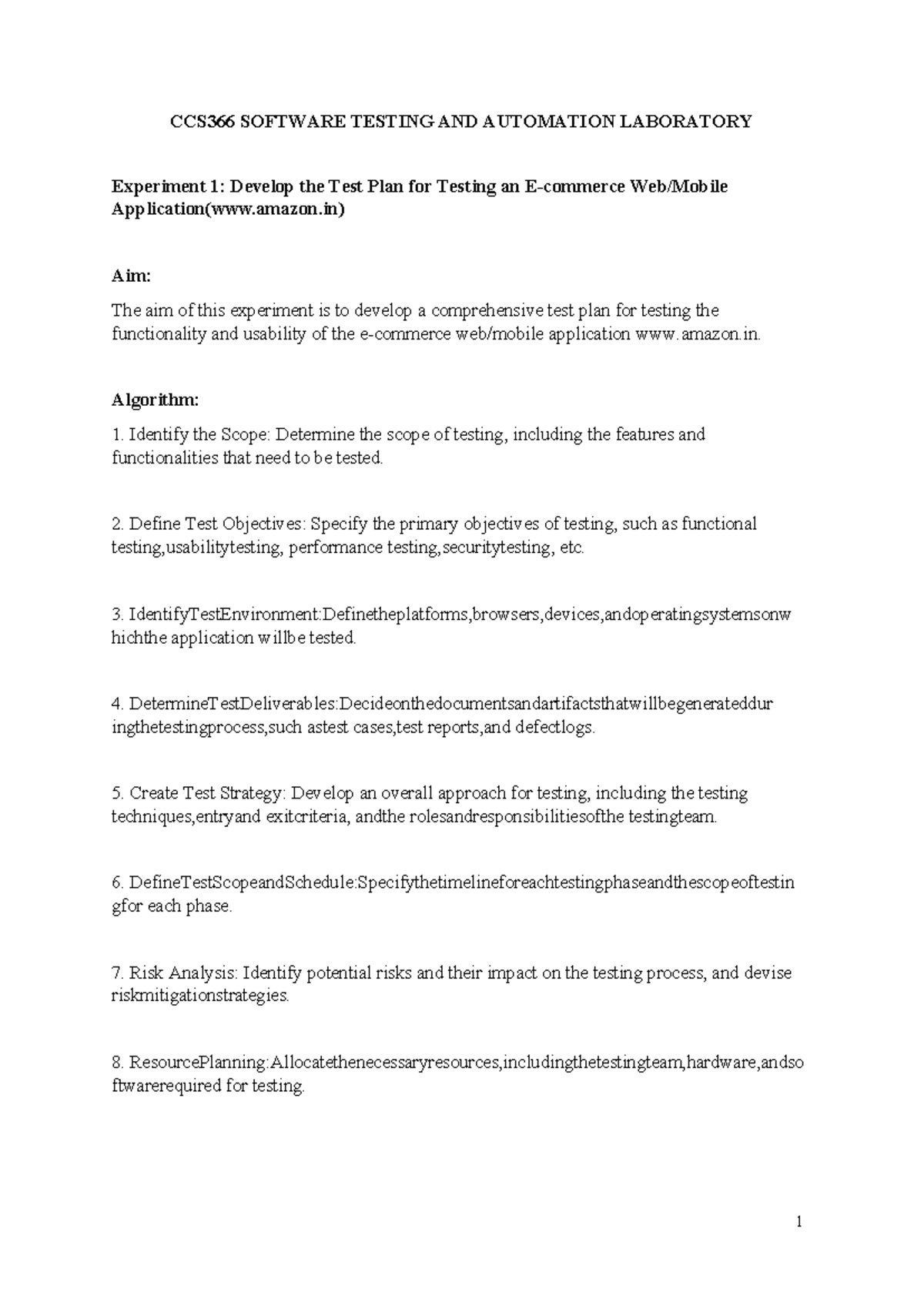 CCS366 Software Testing Lab: Test Plan Development Experiment - Studocu