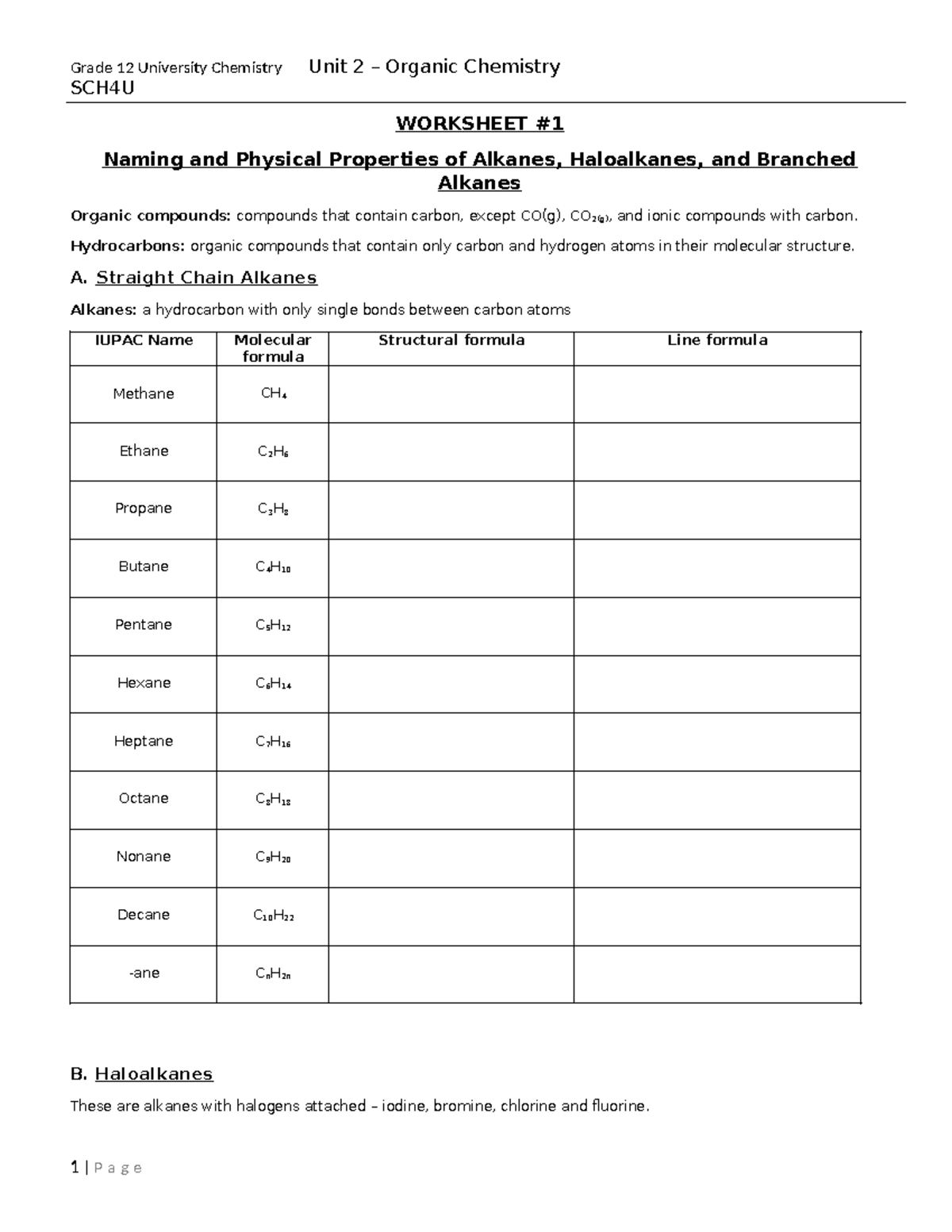 SCH4U Worksheet 1: Naming Alkanes, Haloalkanes & Isomerism Concepts ...